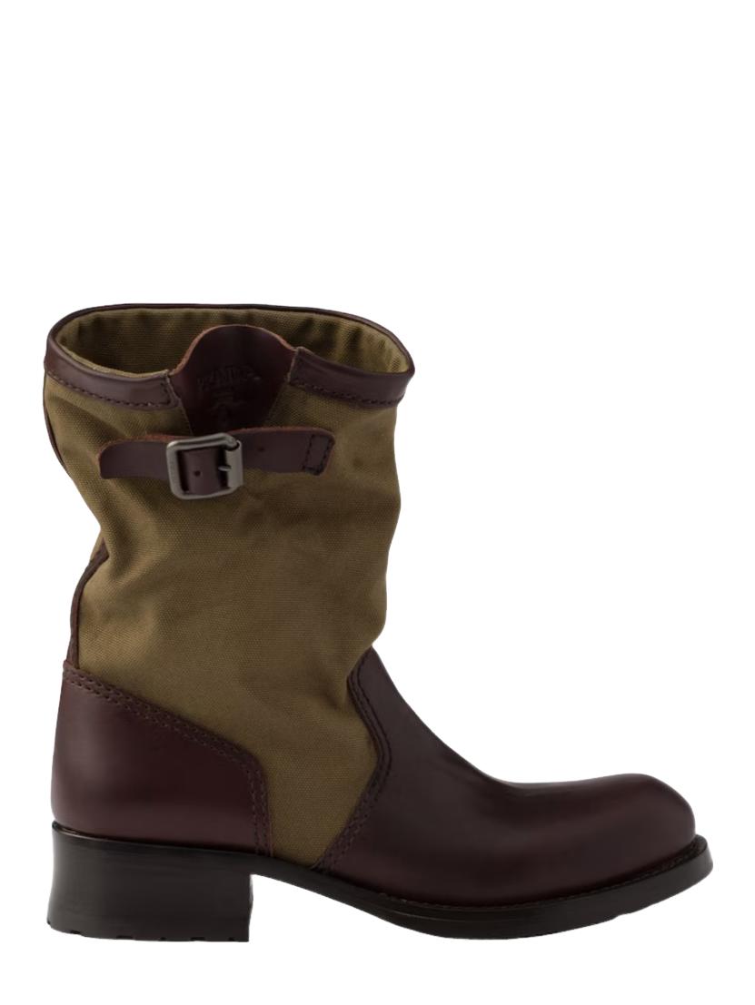 PRADA Prada Leather and Canvas Buckled Boots